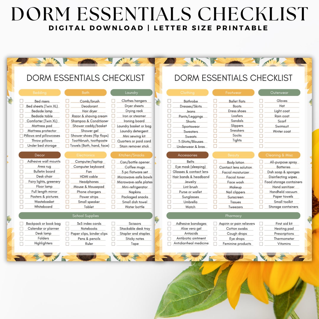 Printable Dorm Room Essentials Checklist - A Sunflower Floral Aesthetic ...