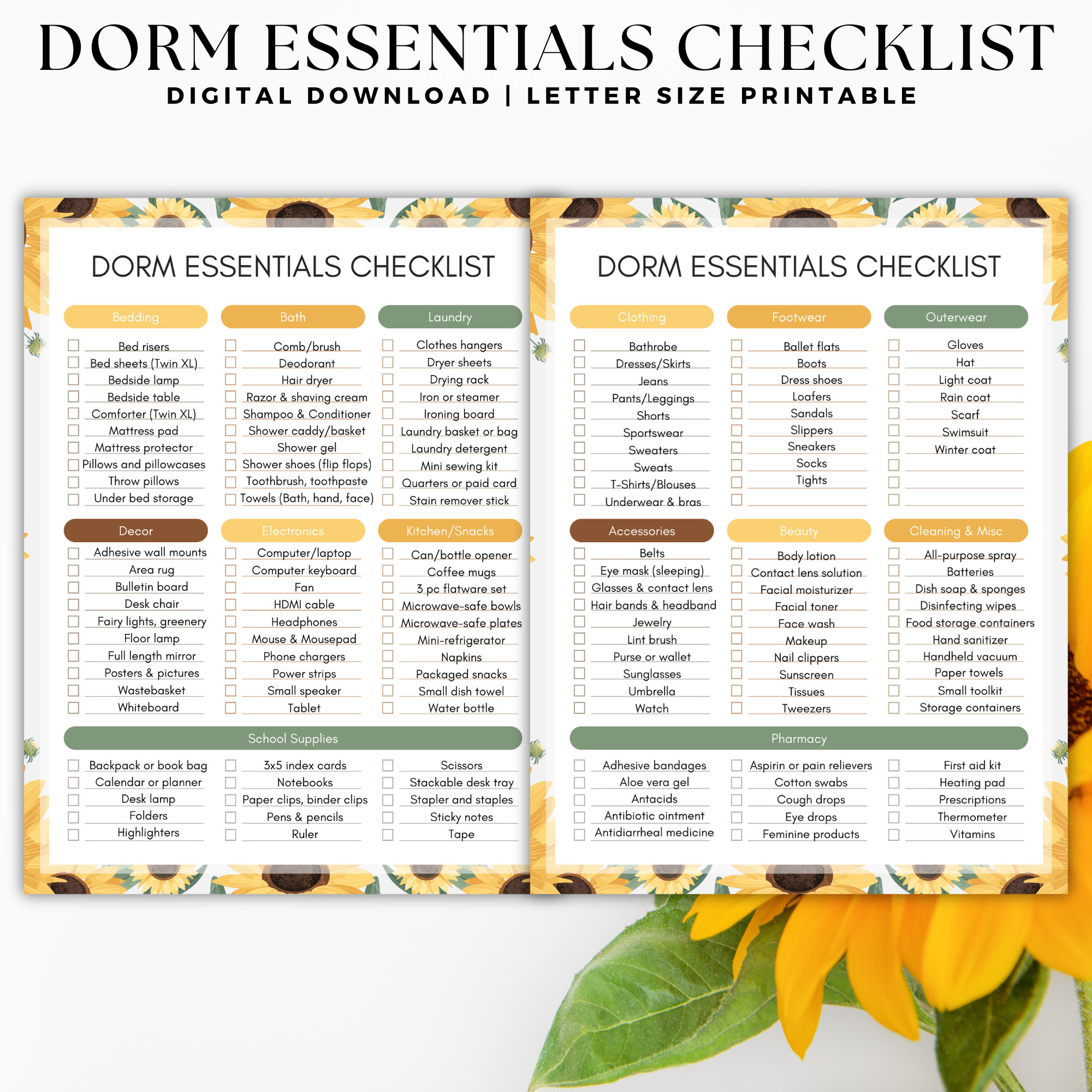 Printable Dorm Room Essentials Checklist - A Sunflower Floral Aesthetic ...
