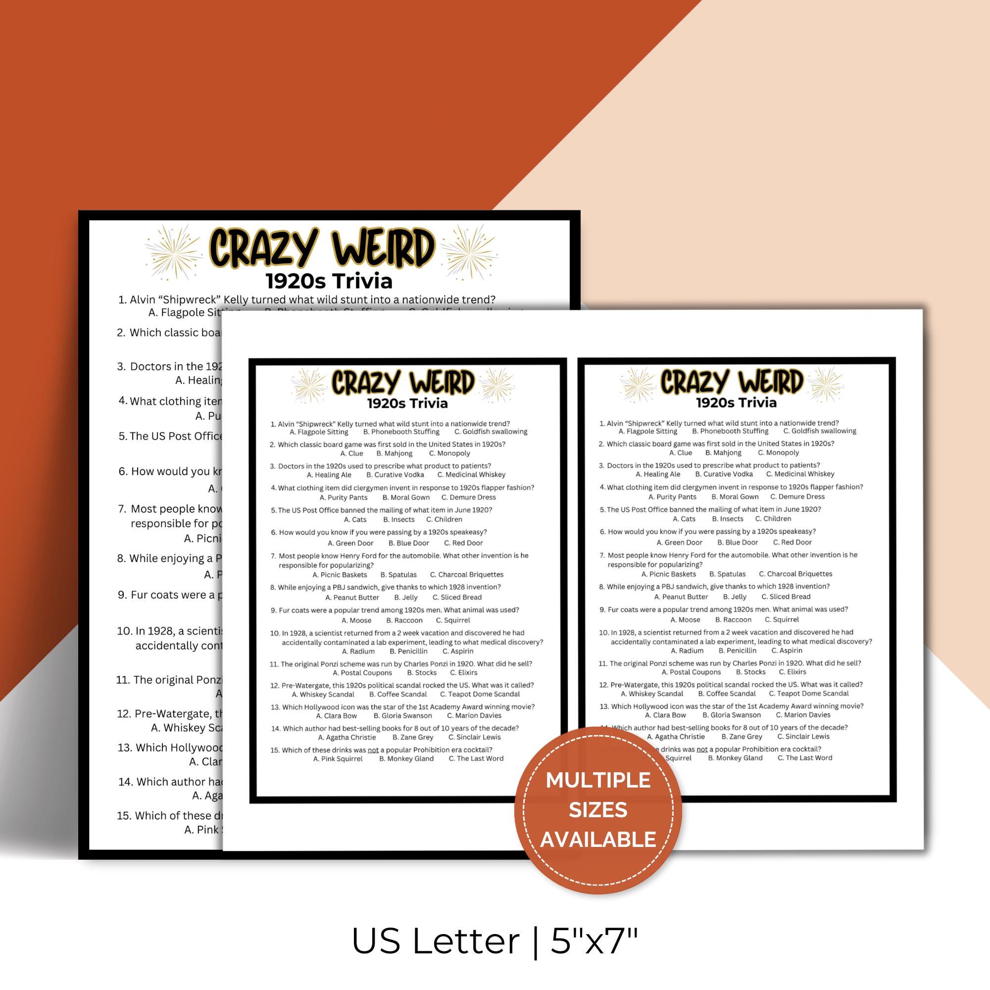 Printable Crazy Weird 1920s Trivia Game, Fun Roaring Twenties Party ...