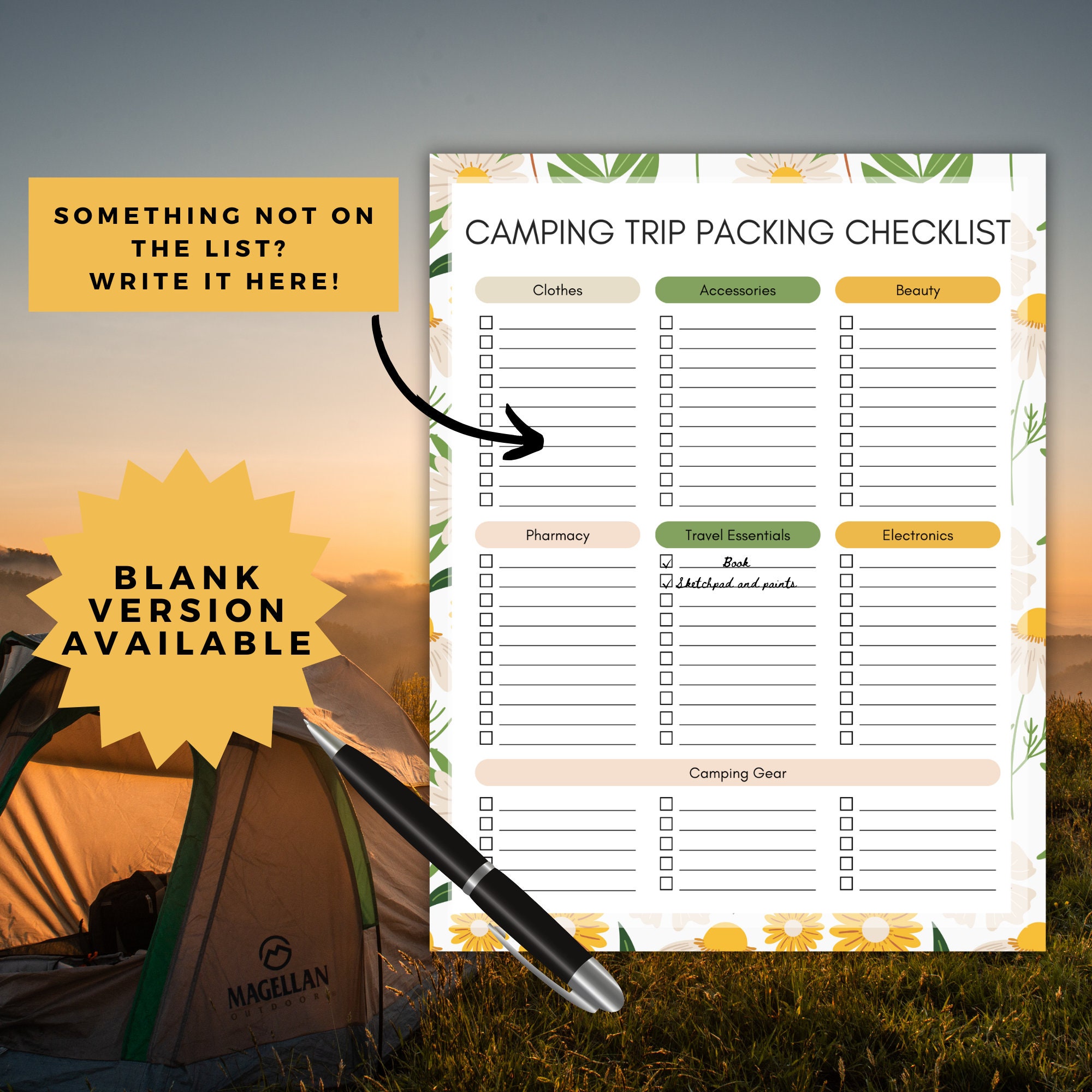 Printable Camping Essentials Checklist Yellow, Camping Packing ...