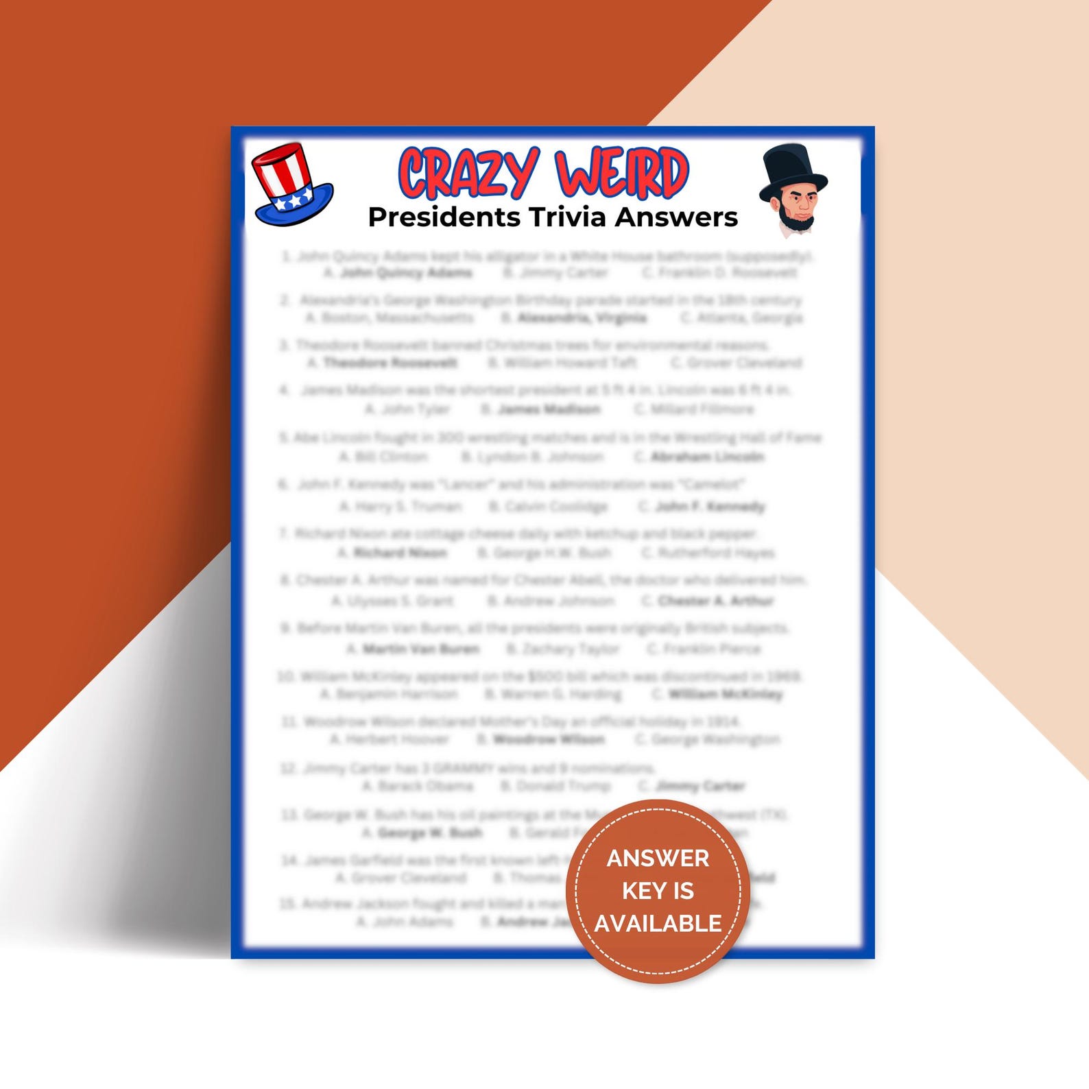 Printable Crazy Weird Presidents Trivia Game Perfect for Presidents Day ...