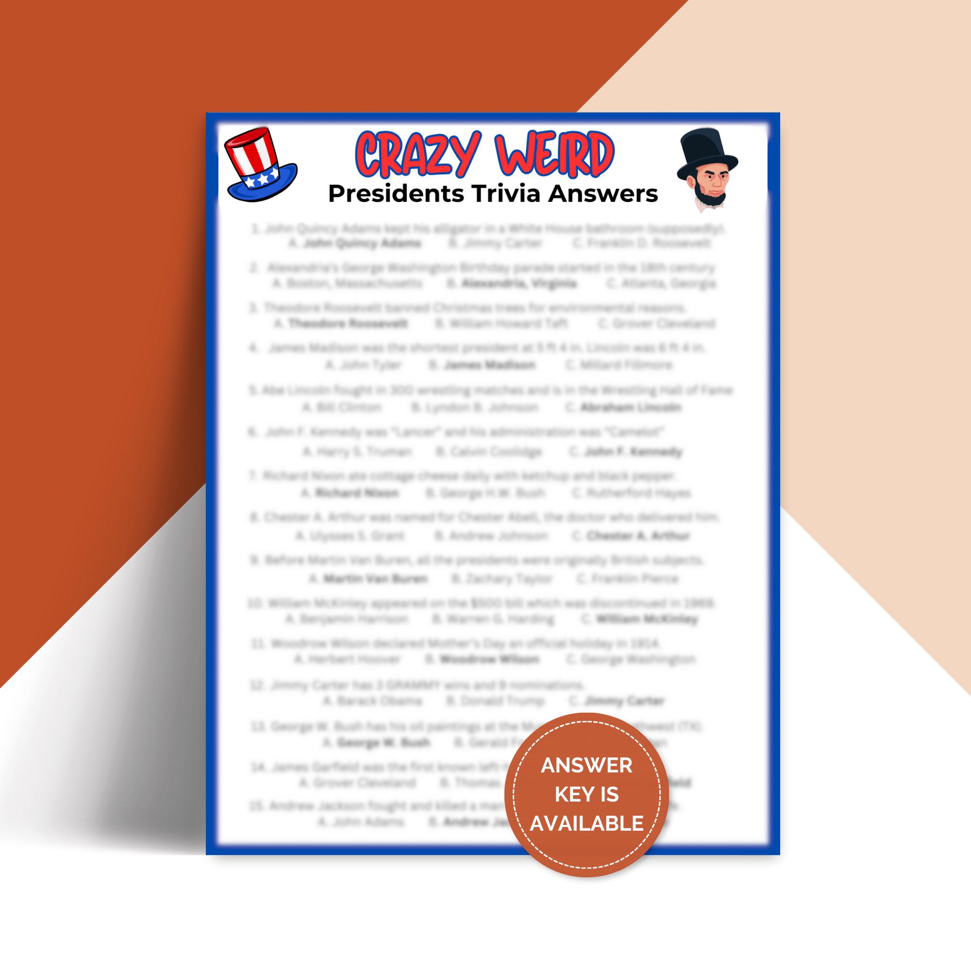 Printable Crazy Weird Presidents Trivia Game Perfect for Presidents Day ...