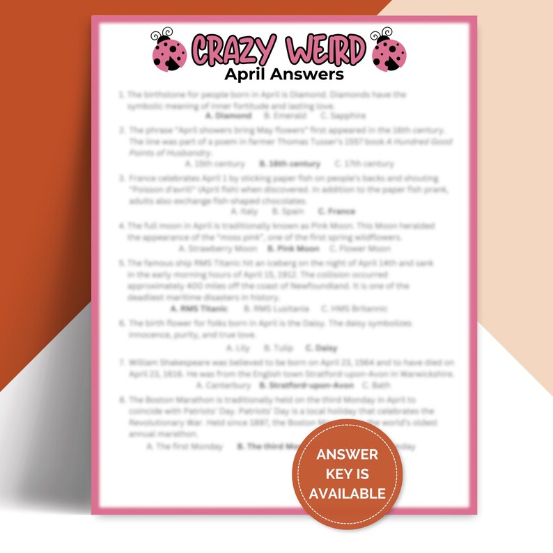 Printable Crazy Weird April Trivia Game Questions and Answers, Pub ...