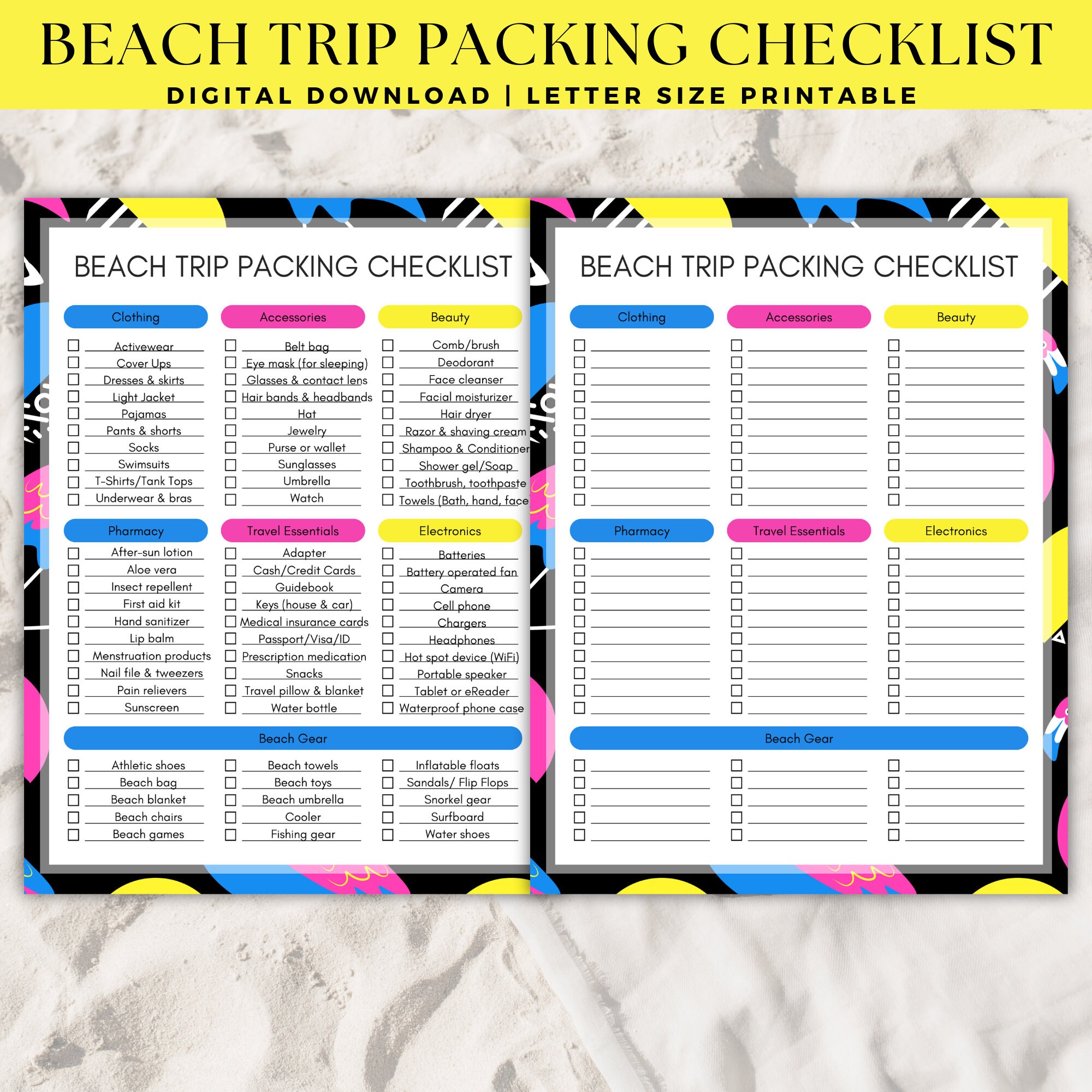 Printable Travel Essentials Packing Checklist- Neon Miami Beach 1980s ...