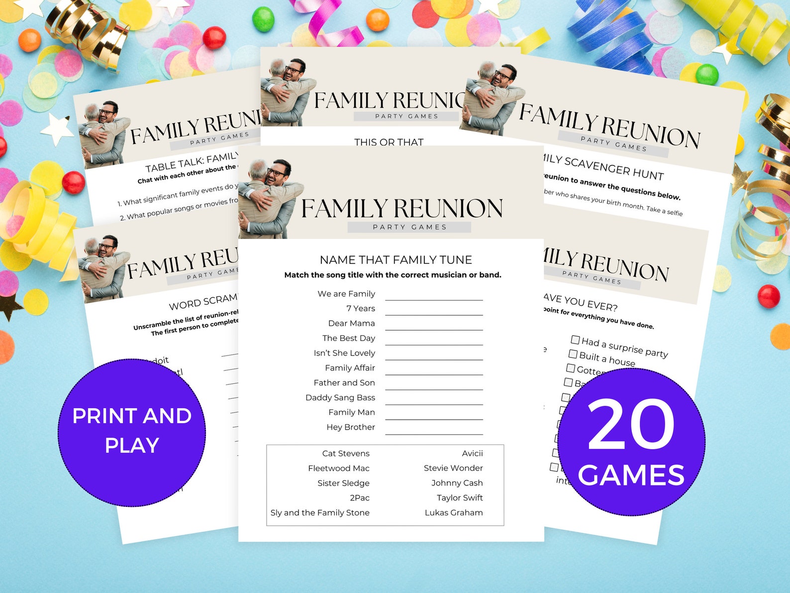 Printable Family Reunion Party Games Pack, Mingle Bingo, Left Right ...