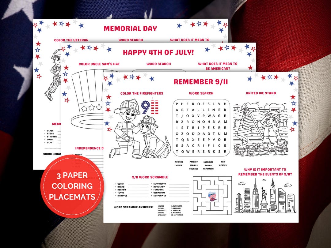 Printable Patriotic Paper Placemats Bundle: Memorial Day, 4th of July ...