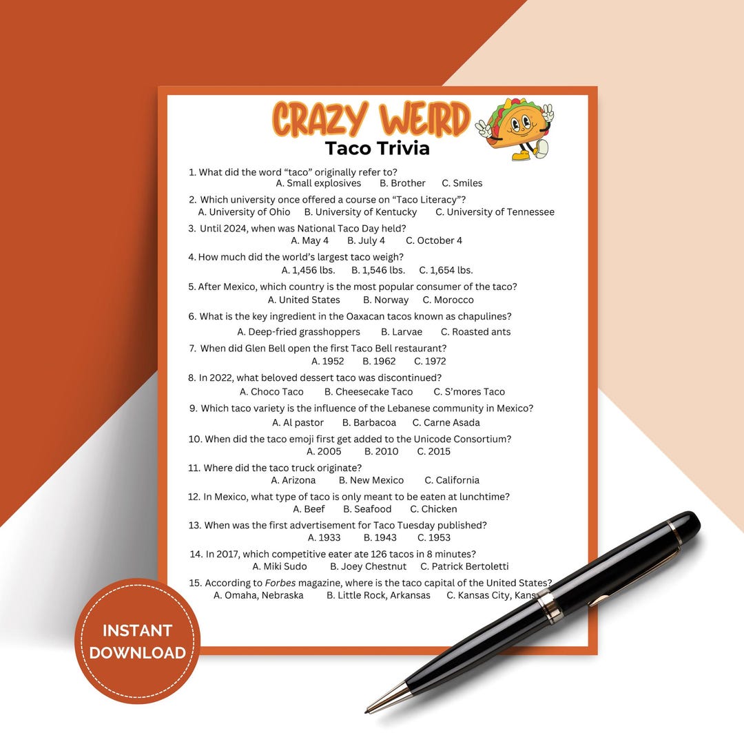 Printable Crazy Weird Taco Trivia Game, Food Trivia, Icebreaker Games ...