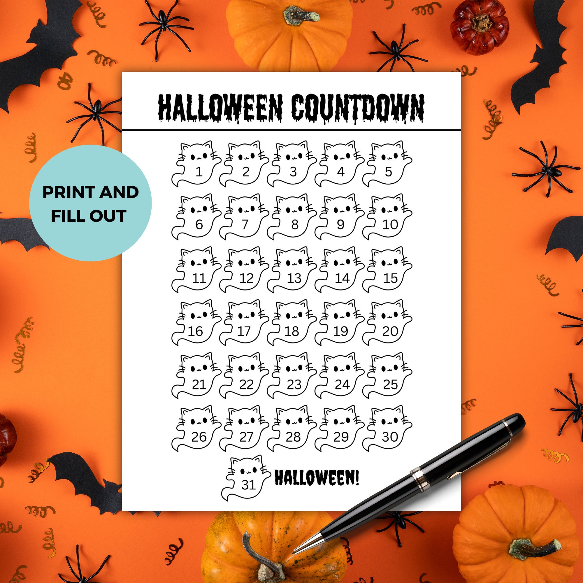 Printable Halloween Countdown Calendar: Cute Ghost Cat Halloween ...