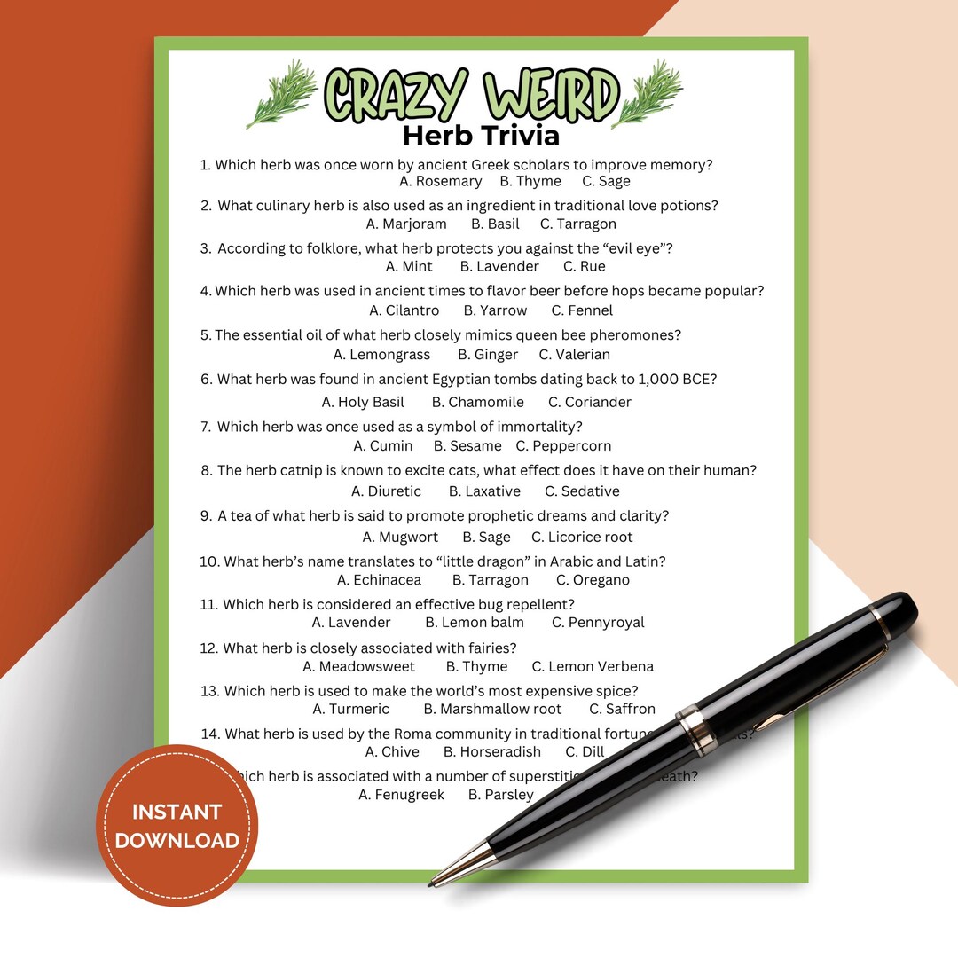 Printable Crazy Weird Herb Trivia Game, Pub Trivia Questions, Nature ...