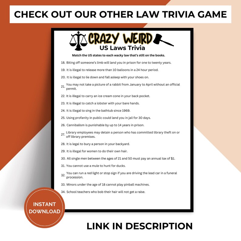 Printable Crazy Weird Lawyers Legal Trivia Game Perfect for Law School ...