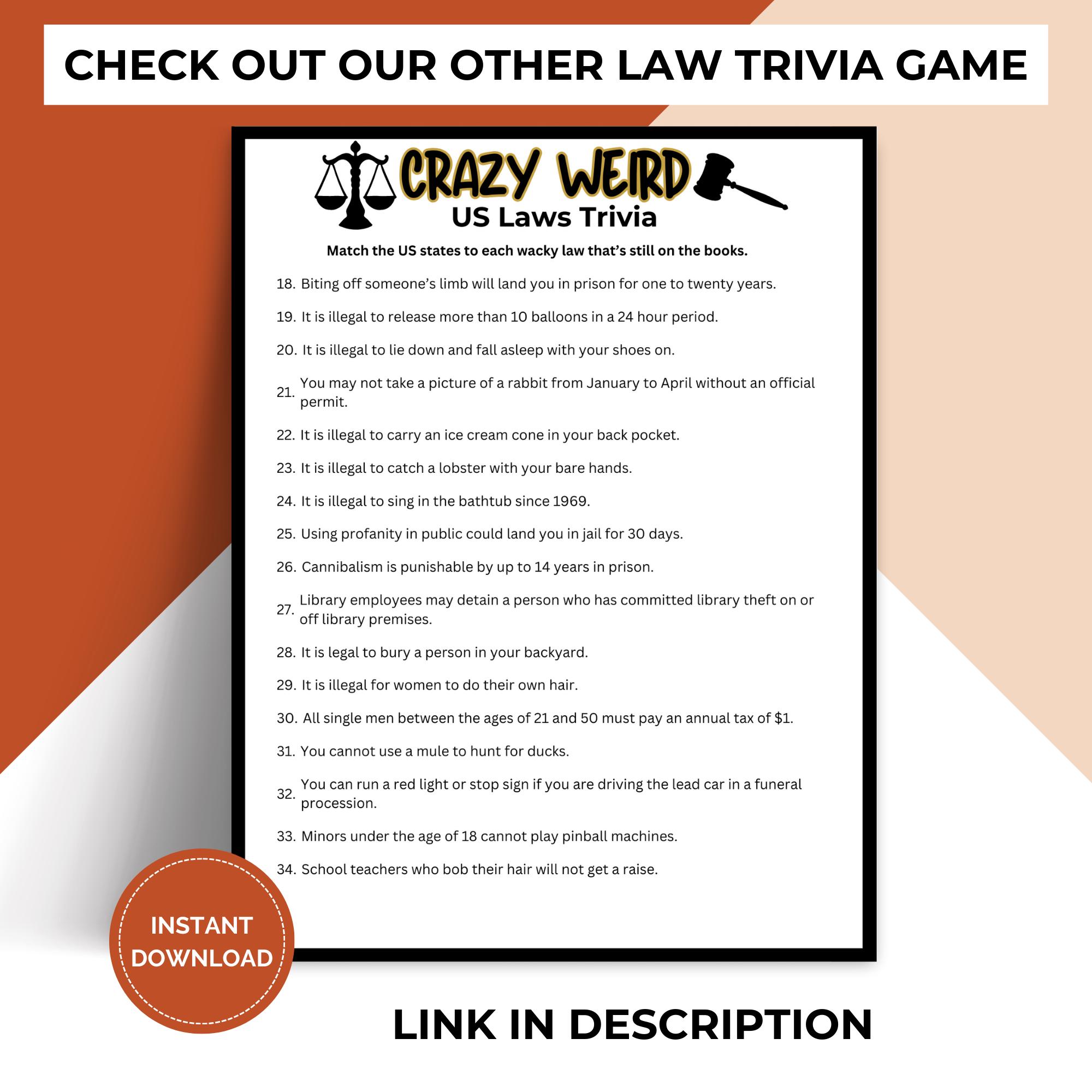 Printable Crazy Weird Lawyers Legal Trivia Game Perfect for Law School ...
