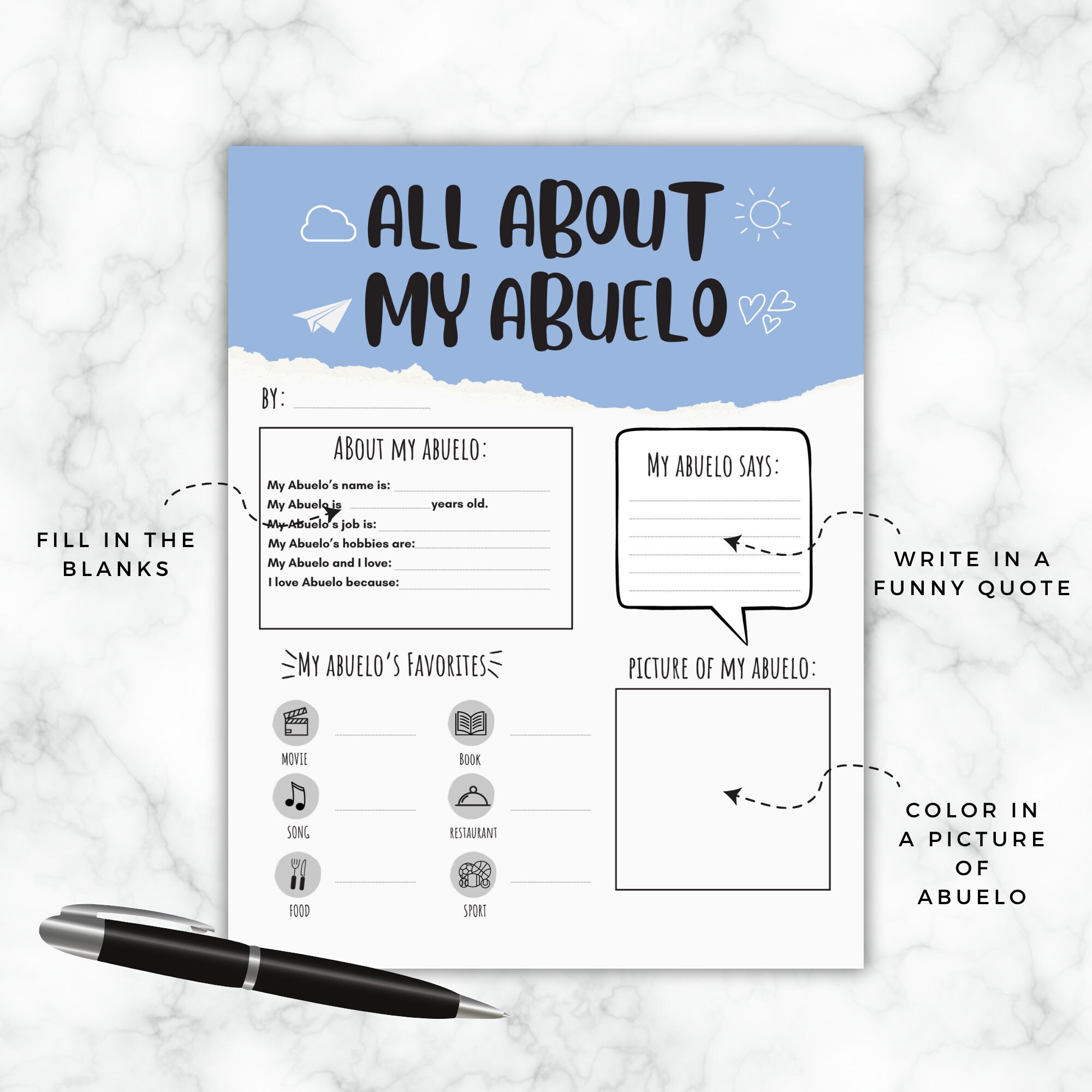 All About My Abuelo Printable Activity, Heartfelt Gift for Grandpa ...