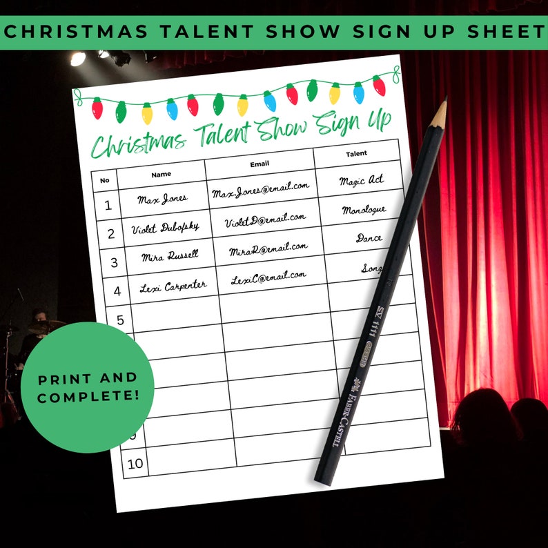 Printable Christmas Talent Show Sign up Sheet, Middle School Talent ...