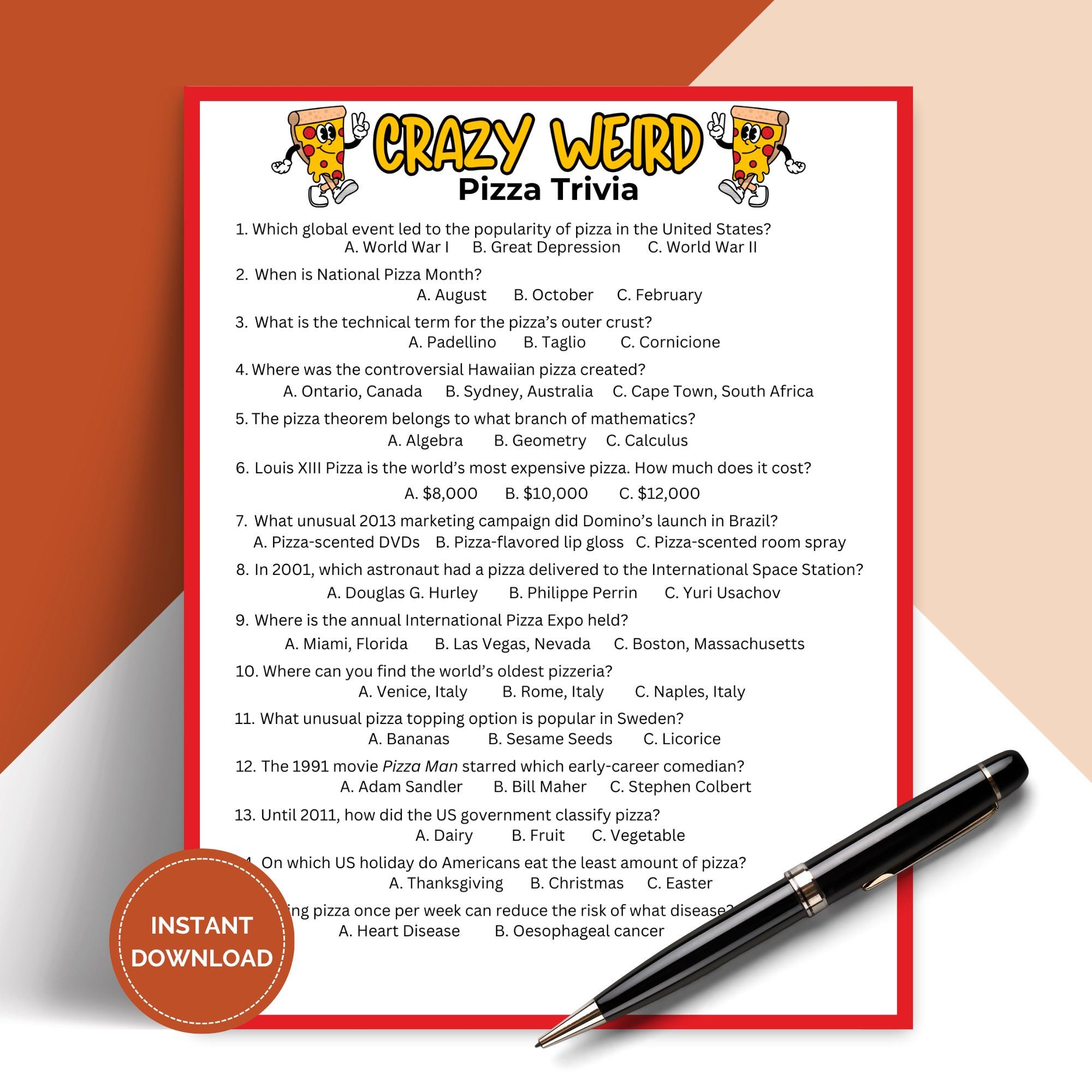 Printable Crazy Weird Pizza Trivia Game, Fast Food Pub Trivia ...