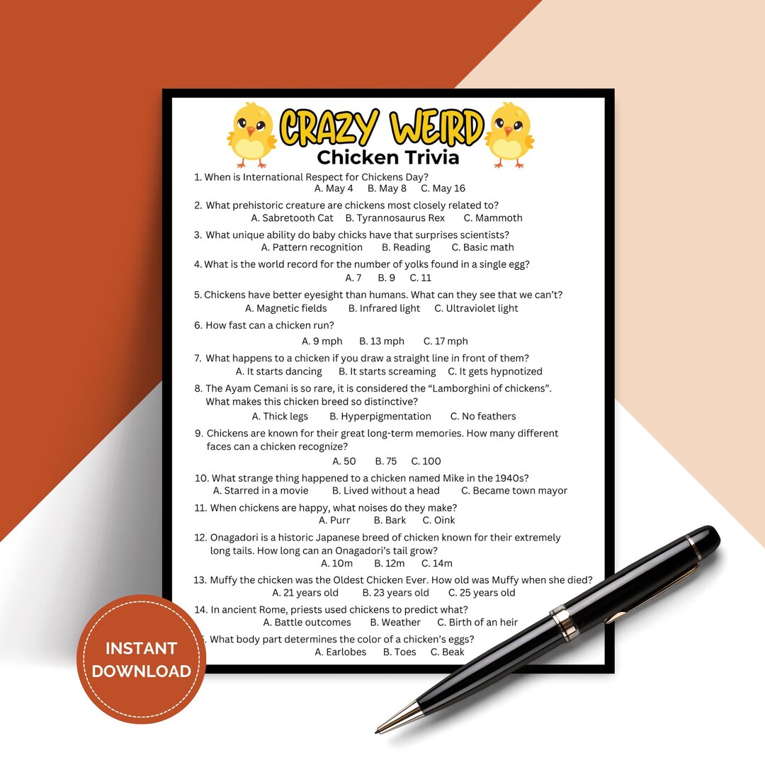 Printable Crazy Weird Chicken Trivia Game, Pub Trivia Night for Chicken ...