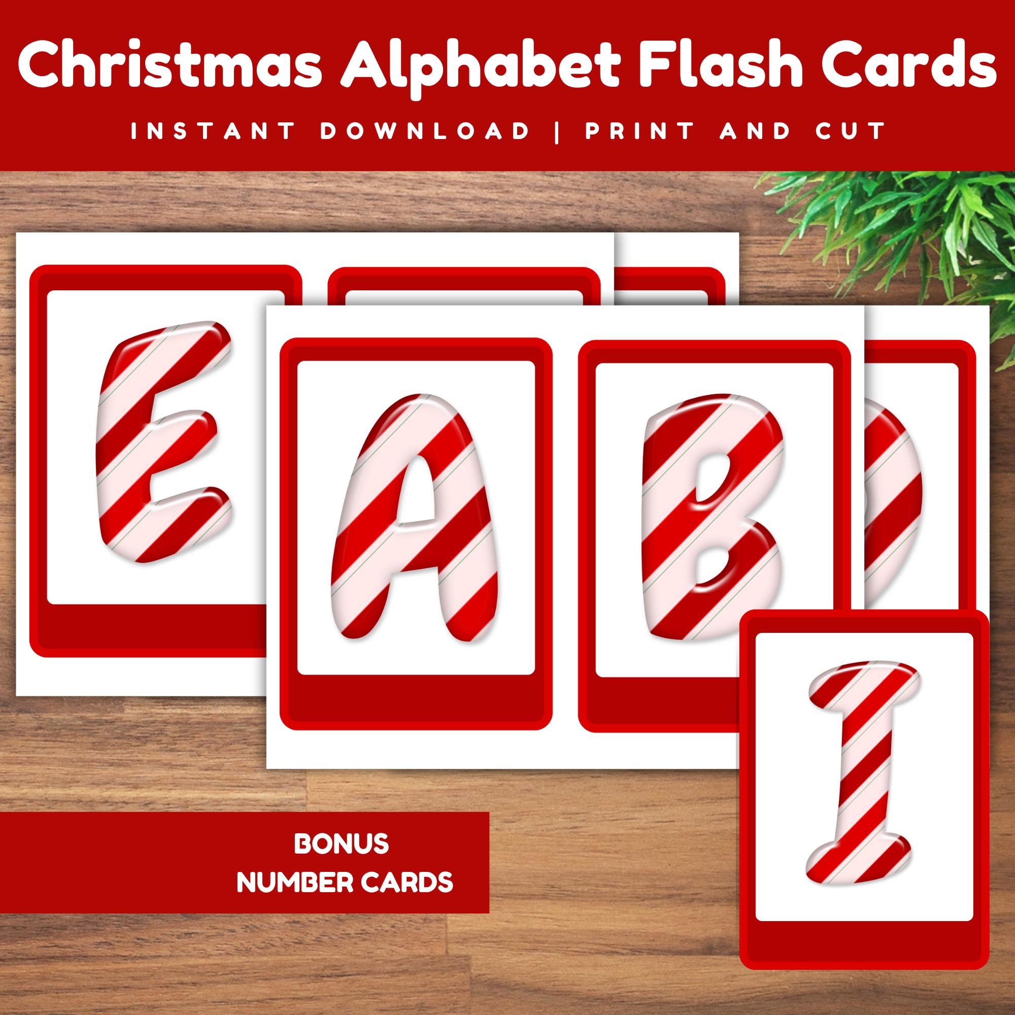 Printable Christmas Alphabet Flash Cards for Kids With Bonus Number ...