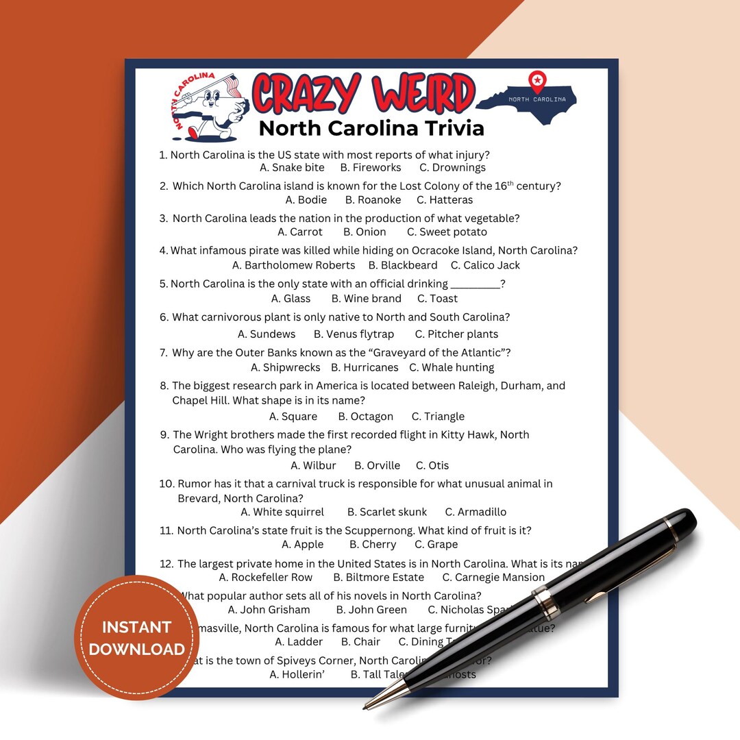 Printable Crazy Weird North Carolina Trivia Game, US States Pub Trivia ...