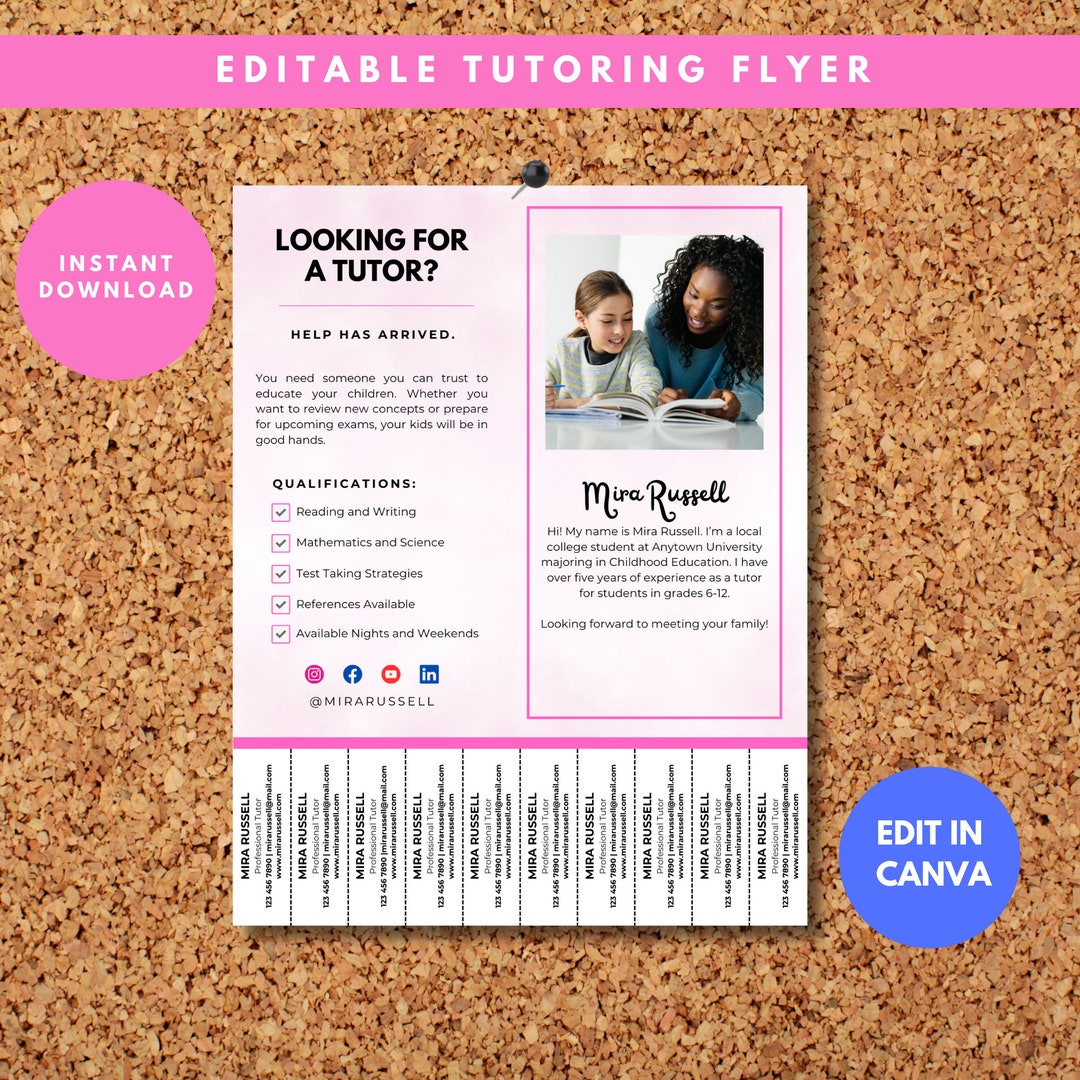Editable Tutor Tear off Flyer Template, Tutoring Business Flyer ...