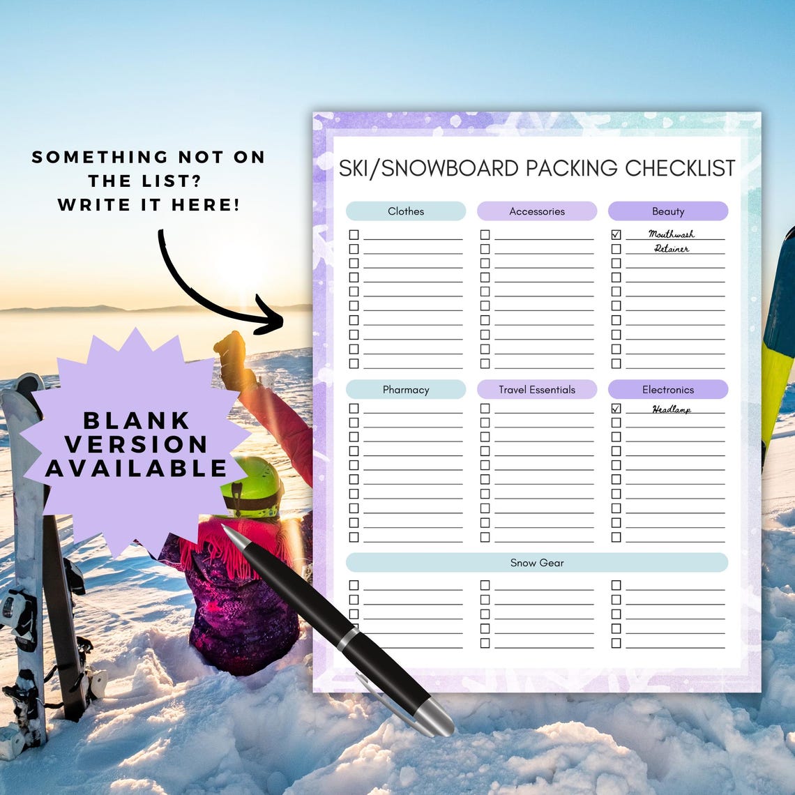 Printable Purple Ski and Snowboard Travel Checklist for All Your Travel ...