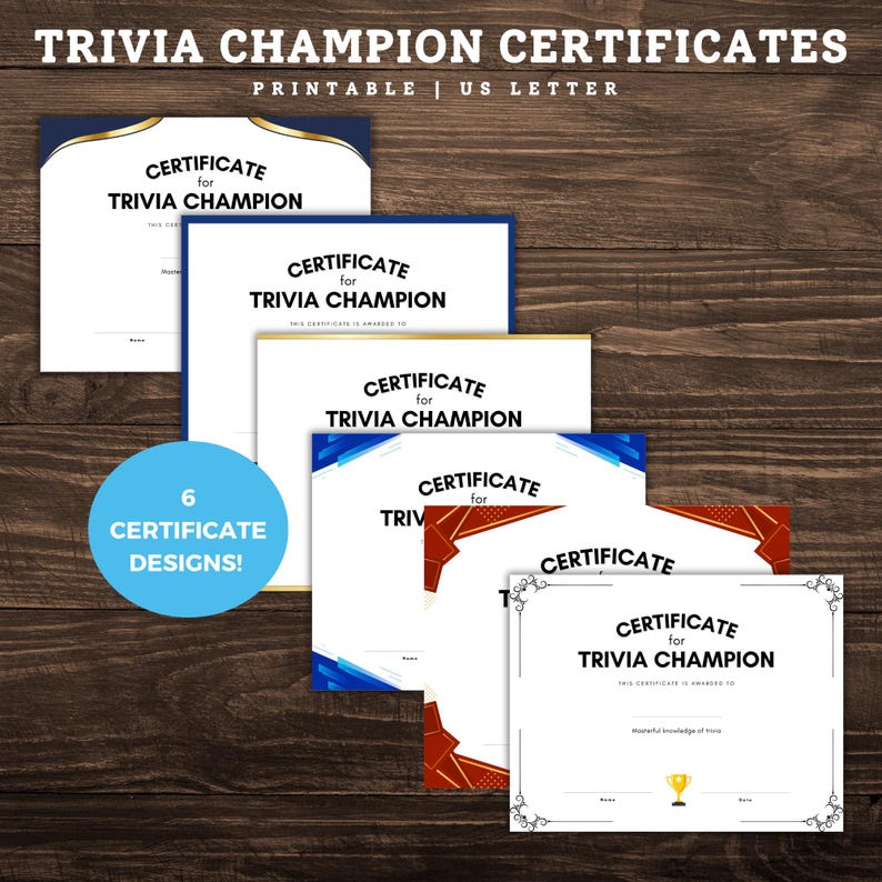 Printable Trivia Champion Certificate Awards, Pub Trivia, Icebreaker ...