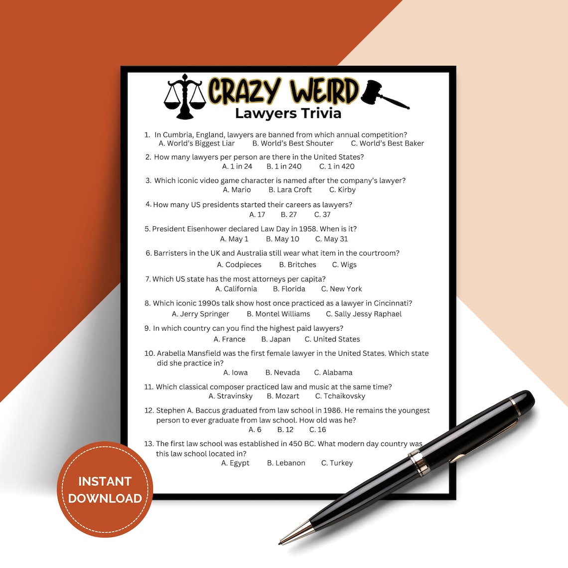Printable Crazy Weird Lawyers Legal Trivia Game Perfect for Law School ...