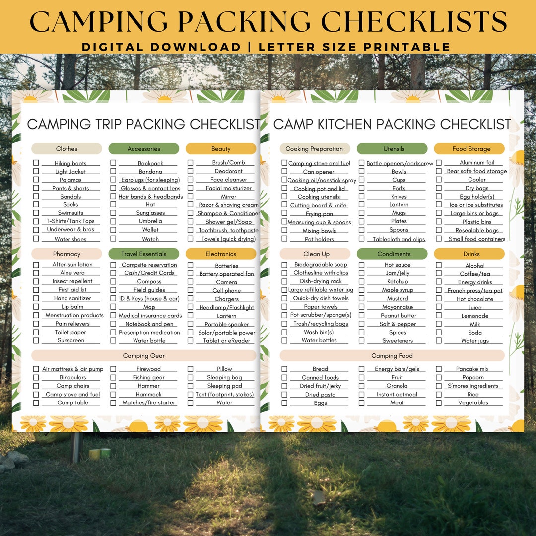 Printable Camping Essentials Checklist Yellow, Camping Packing ...