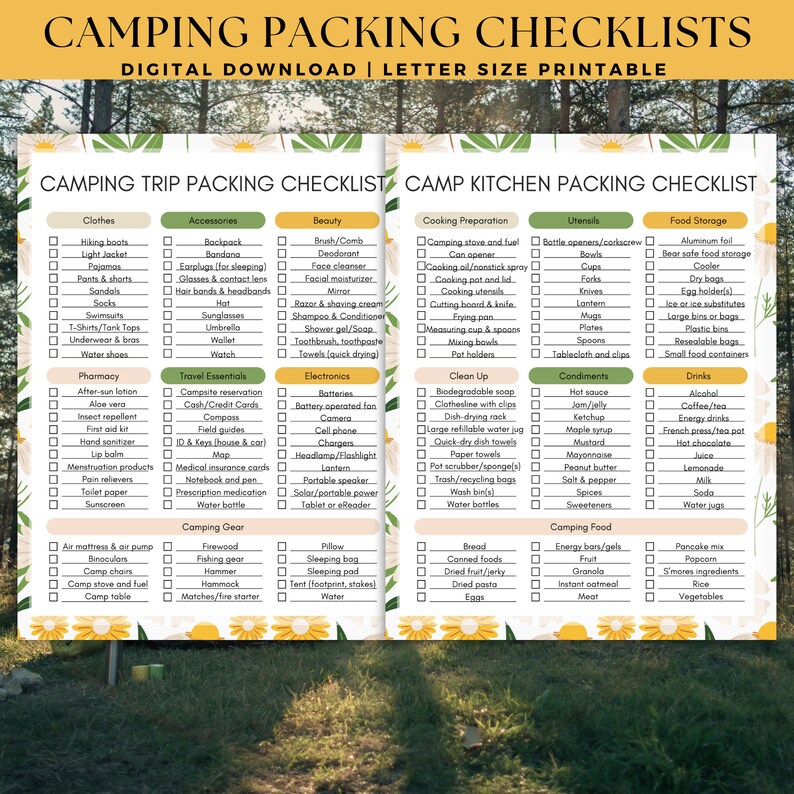 Printable Camping Essentials Checklist Yellow, Camping Packing ...