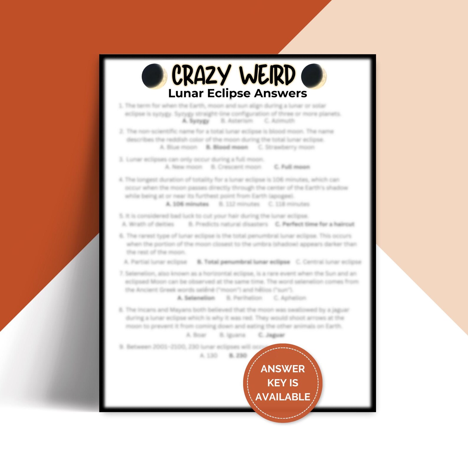 Printable Crazy Weird Lunar Eclipse Trivia Game, Pub Trivia, Icebreaker ...