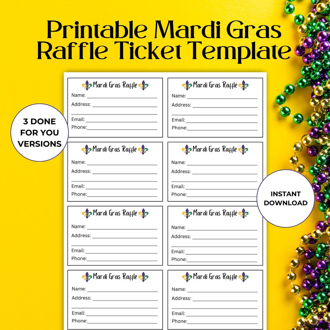 Printable Mardi Gras Raffle Tickets Template, Fundraising Event, School ...