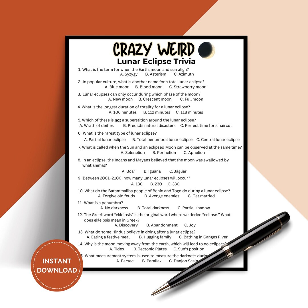 Printable Crazy Weird Lunar Eclipse Trivia Game, Pub Trivia, Icebreaker ...