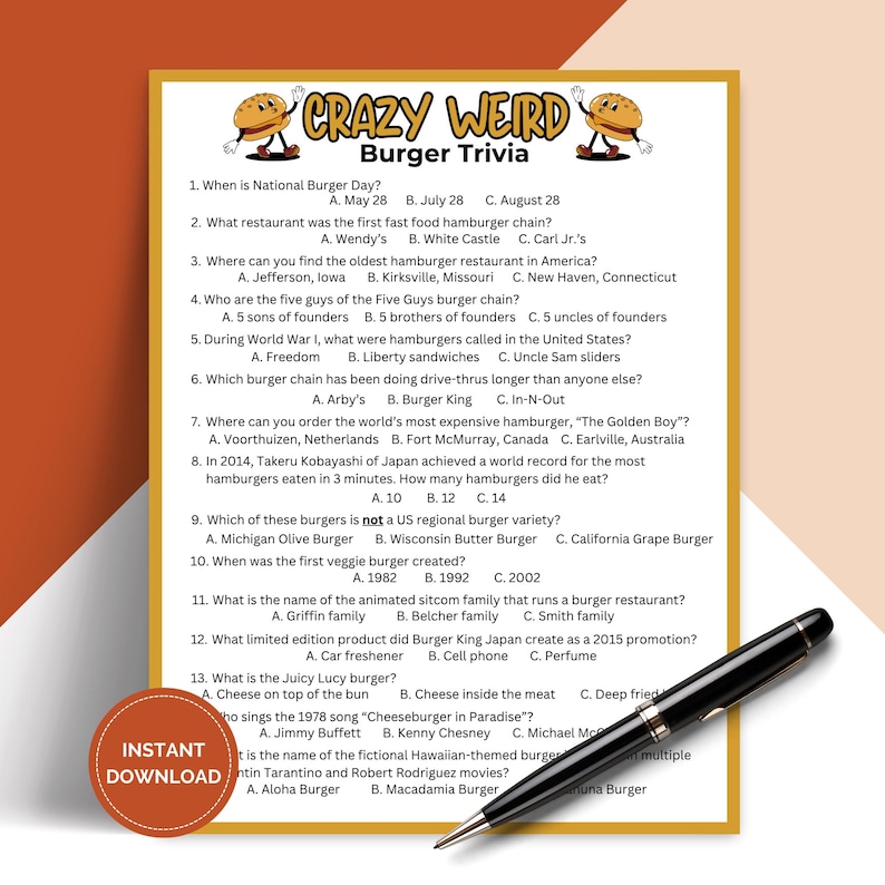 Printable Crazy Weird Burger Trivia Game, Fast Food Pub Trivia ...