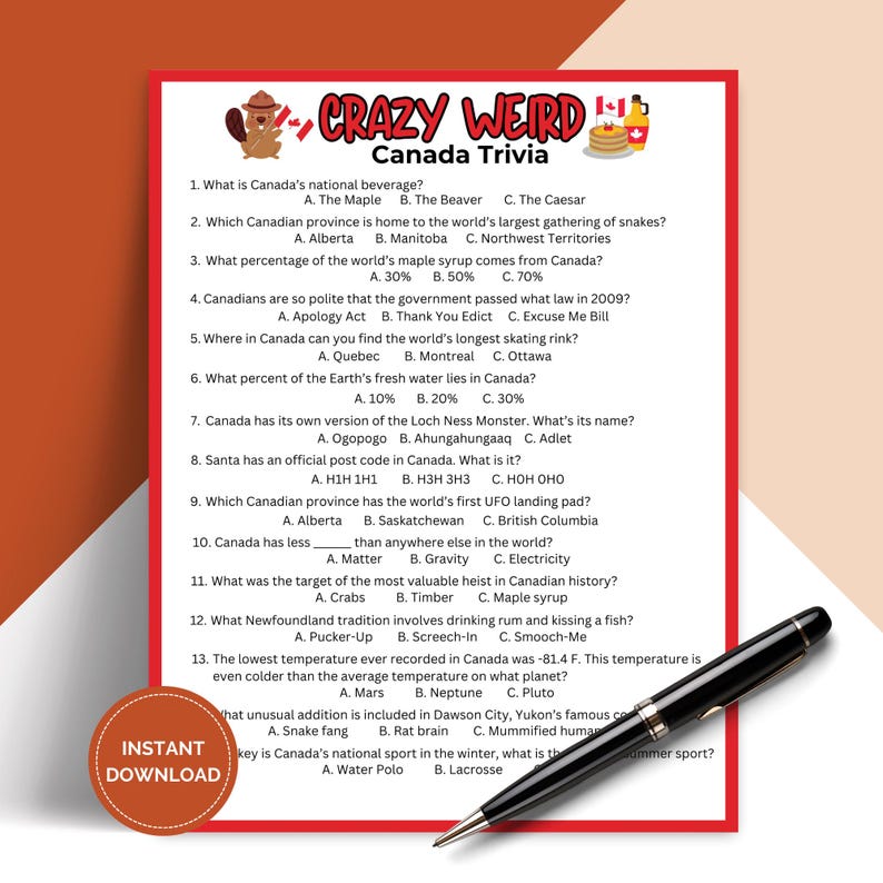 Printable Crazy Weird Canada Trivia Game, Pub Trivia Night, Icebreaker ...