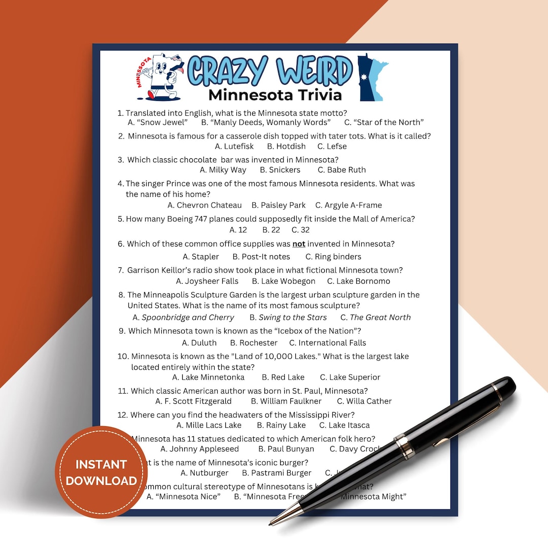 Printable Crazy Weird Minnesota Trivia Game, US States Pub Trivia ...
