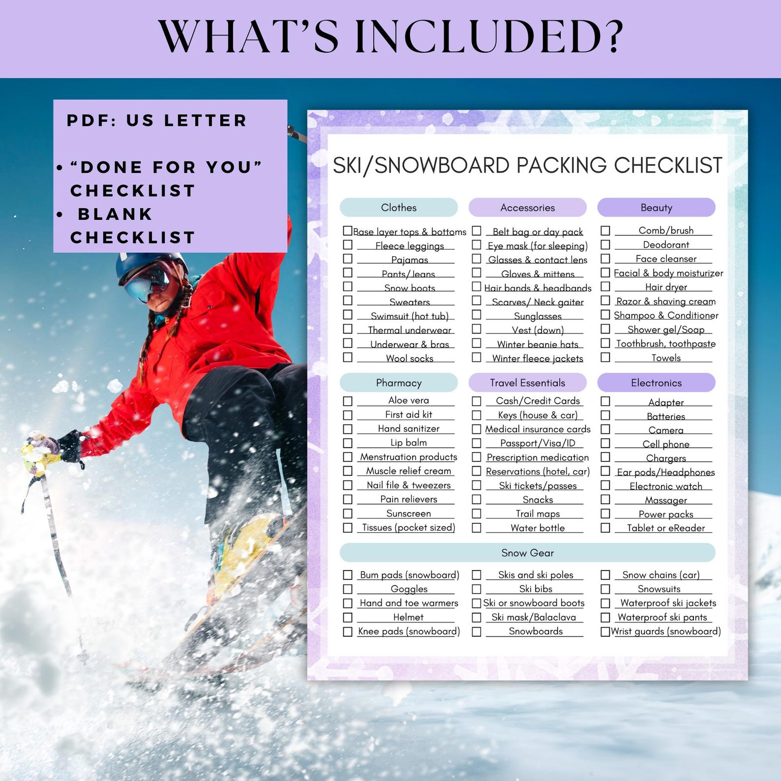 Printable Purple Ski and Snowboard Travel Checklist for All Your Travel ...