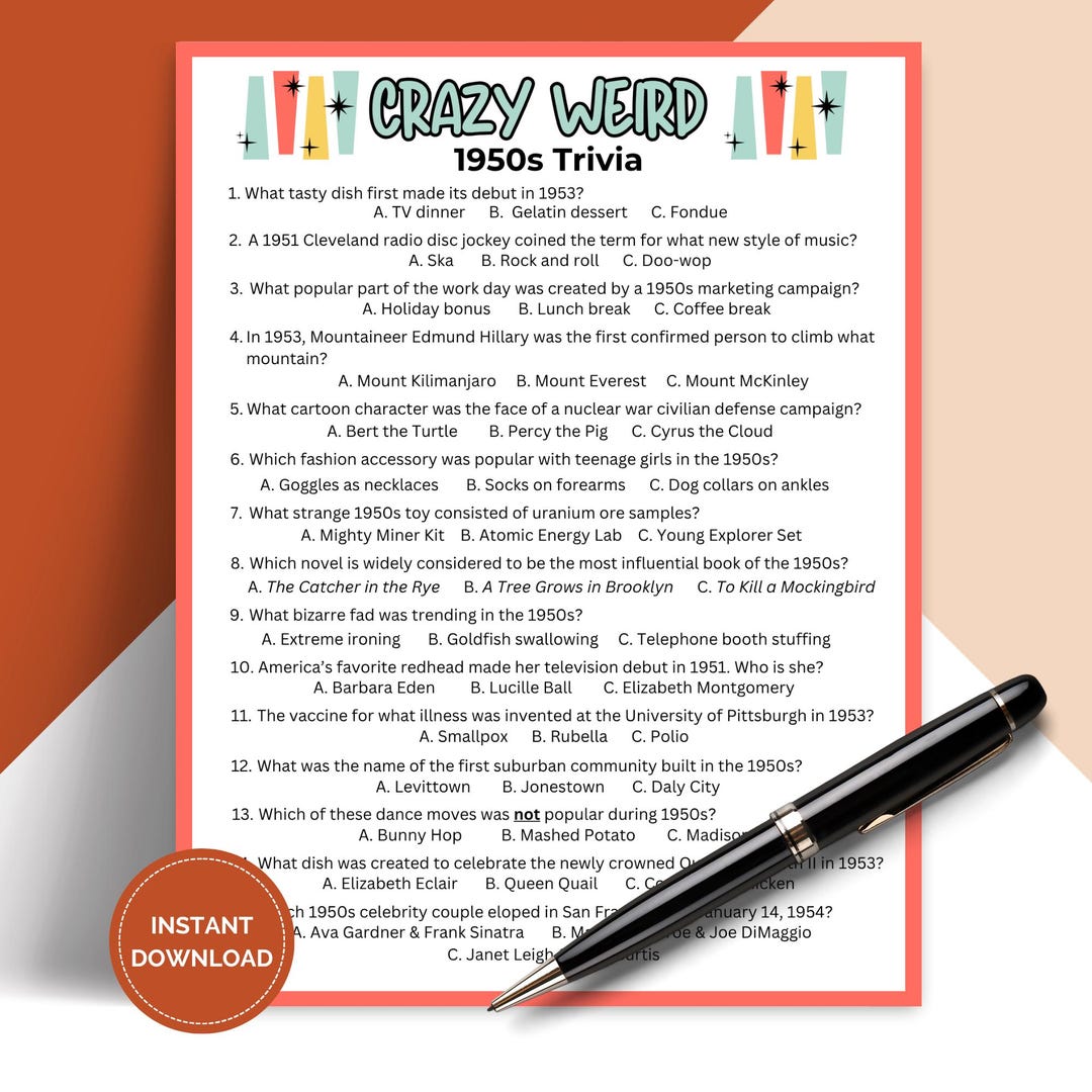 Printable Crazy Weird 1950s History Trivia Game, 50s Pub Trivia Night ...