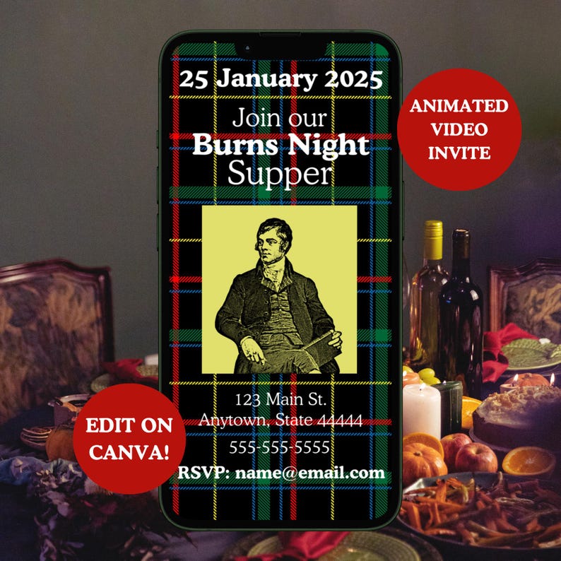 Editable Burns Night Mobile Animated Invitation, Robert Burns Supper ...