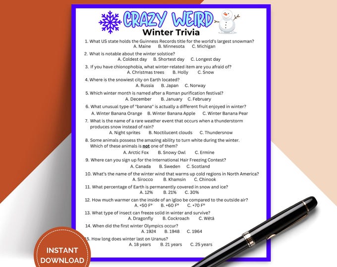 Printable Crazy Weird Winter Trivia Game, Pub Trivia, Icebreaker Games for Work TRIV02 - Etsy