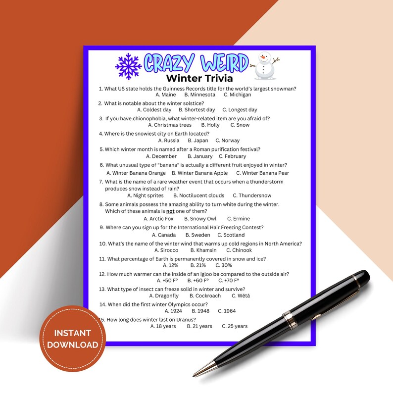 Printable Crazy Weird Winter Trivia Game, Pub Trivia, Icebreaker Games ...