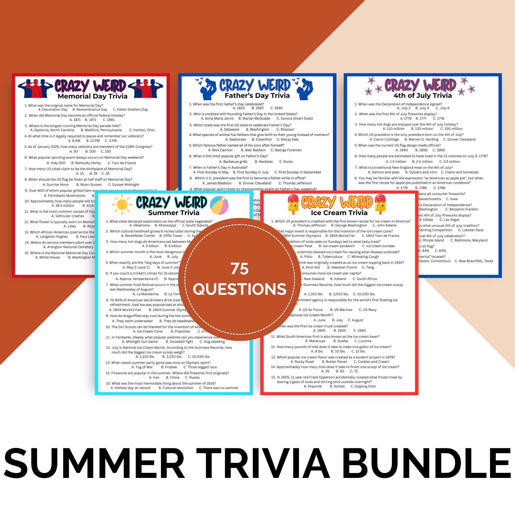 Crazy Weird Summer Trivia Game Printable Bundle, Pub Trivia Night ...