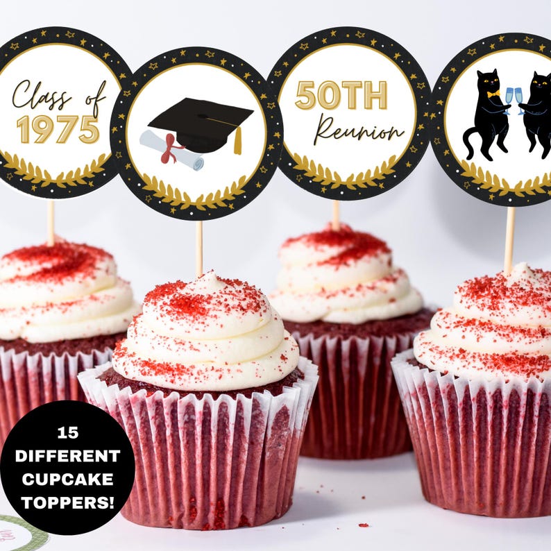 Printable Class of 1975 Cupcake Toppers, 50th Class Reunion Decor, High ...