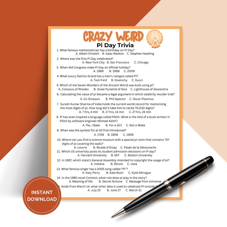 Printable Crazy Weird Pi Day Trivia Game, Pub Trivia, Icebreaker and ...