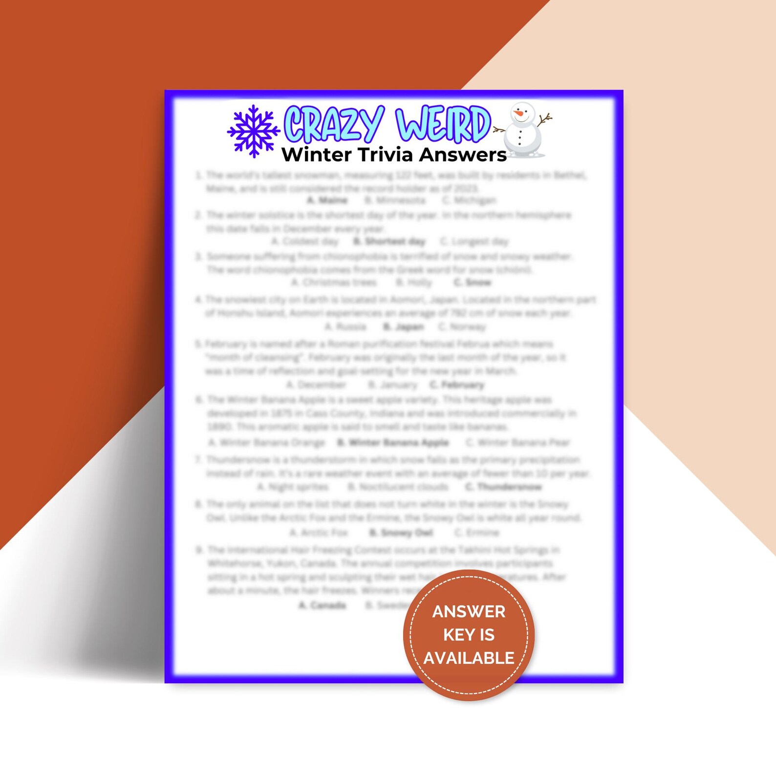 Printable Crazy Weird Winter Trivia Game, Pub Trivia, Icebreaker Games ...