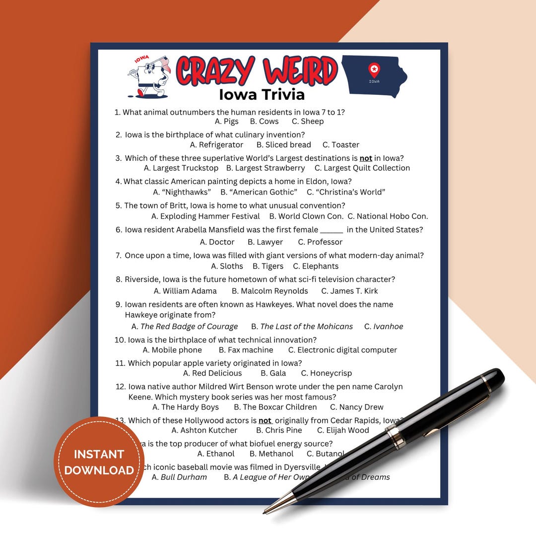 Printable Crazy Weird Iowa Trivia Game, US States Pub Trivia, Vacation ...