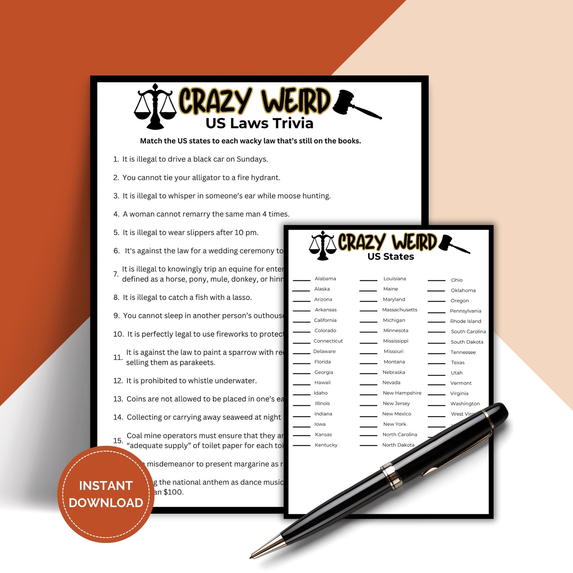 Printable Crazy Weird US State Laws Trivia Game Perfect for Law School ...