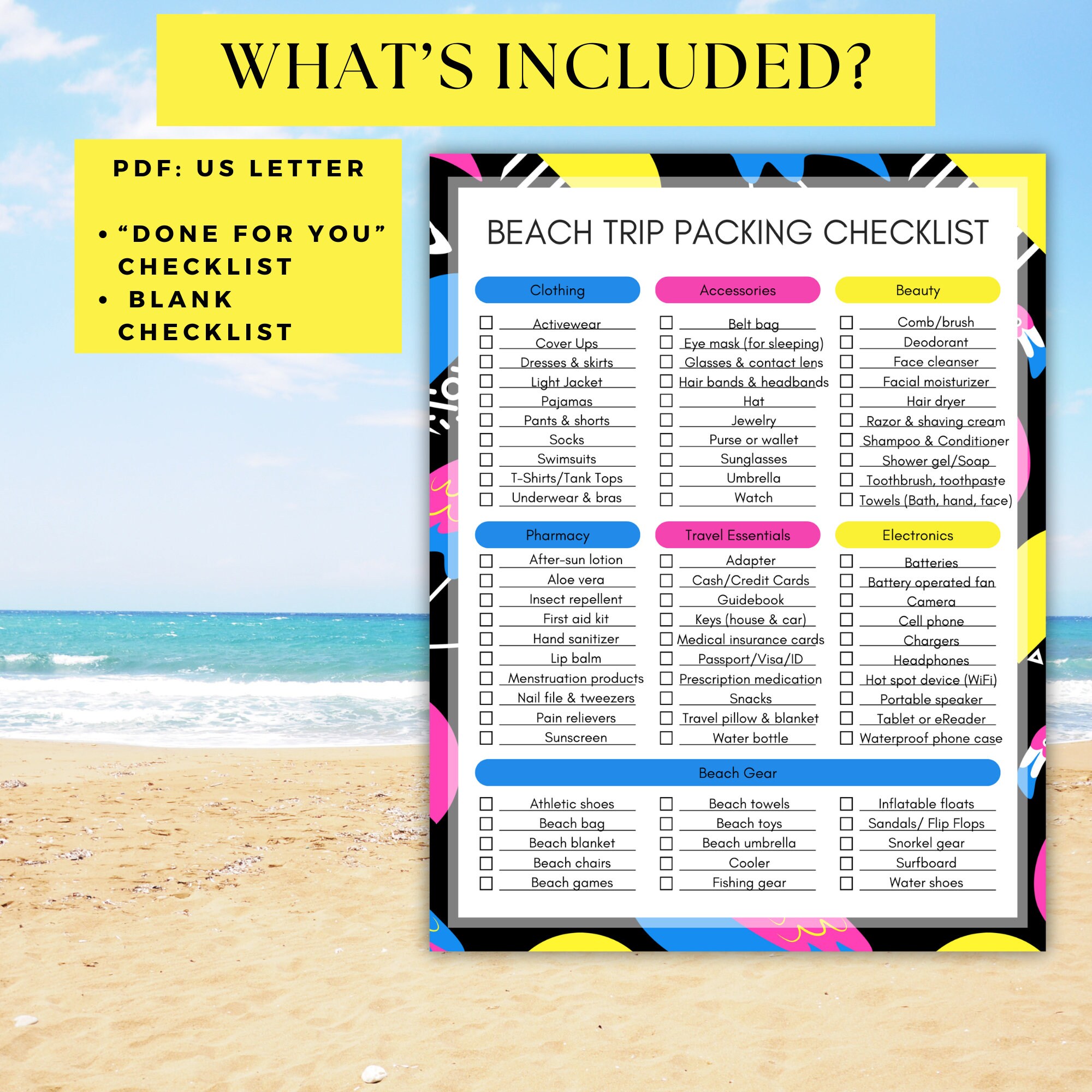 Printable Travel Essentials Packing Checklist- Neon Miami Beach 1980s ...