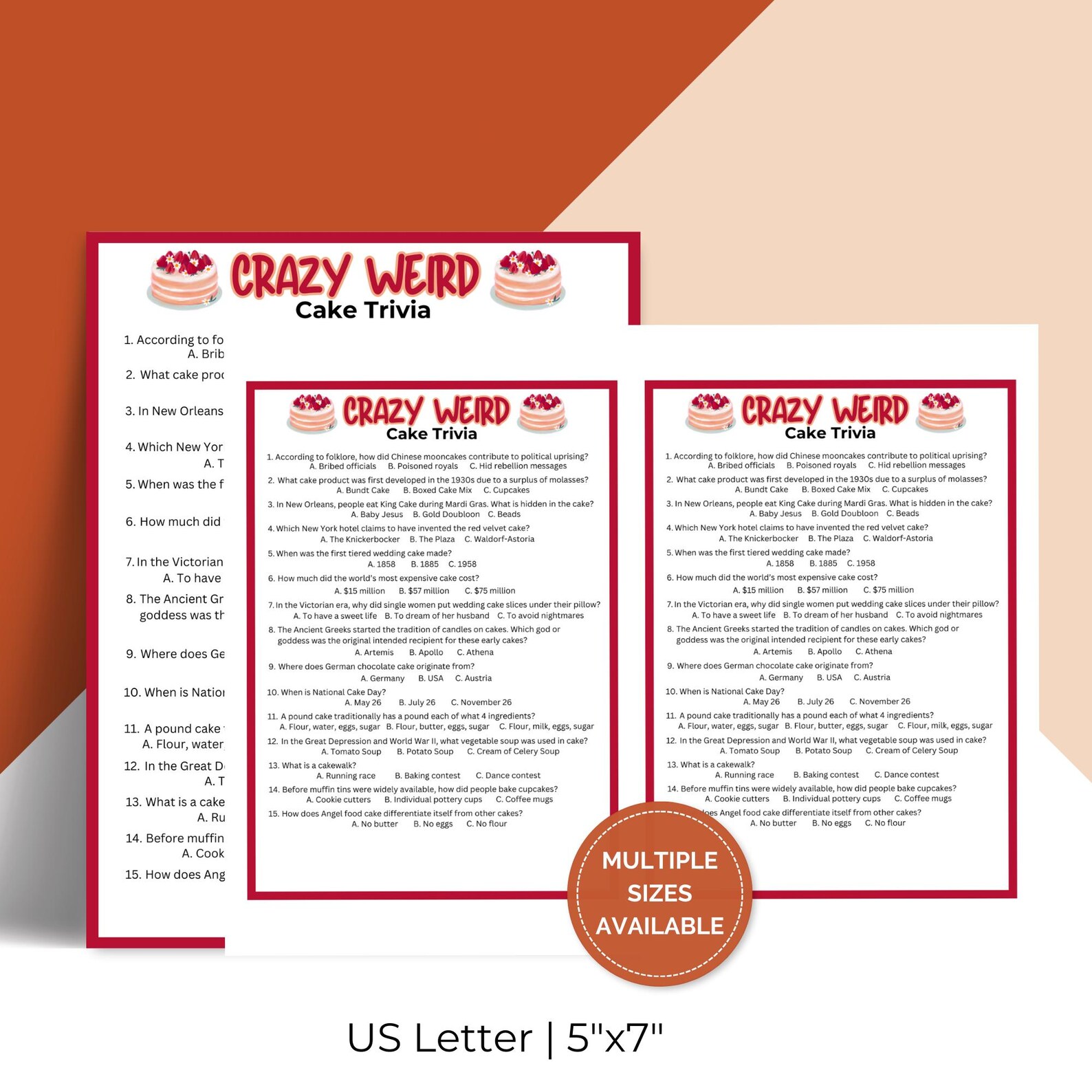 Printable Crazy Weird Cake Trivia Game, Dessert Pub Trivia, Icebreaker ...