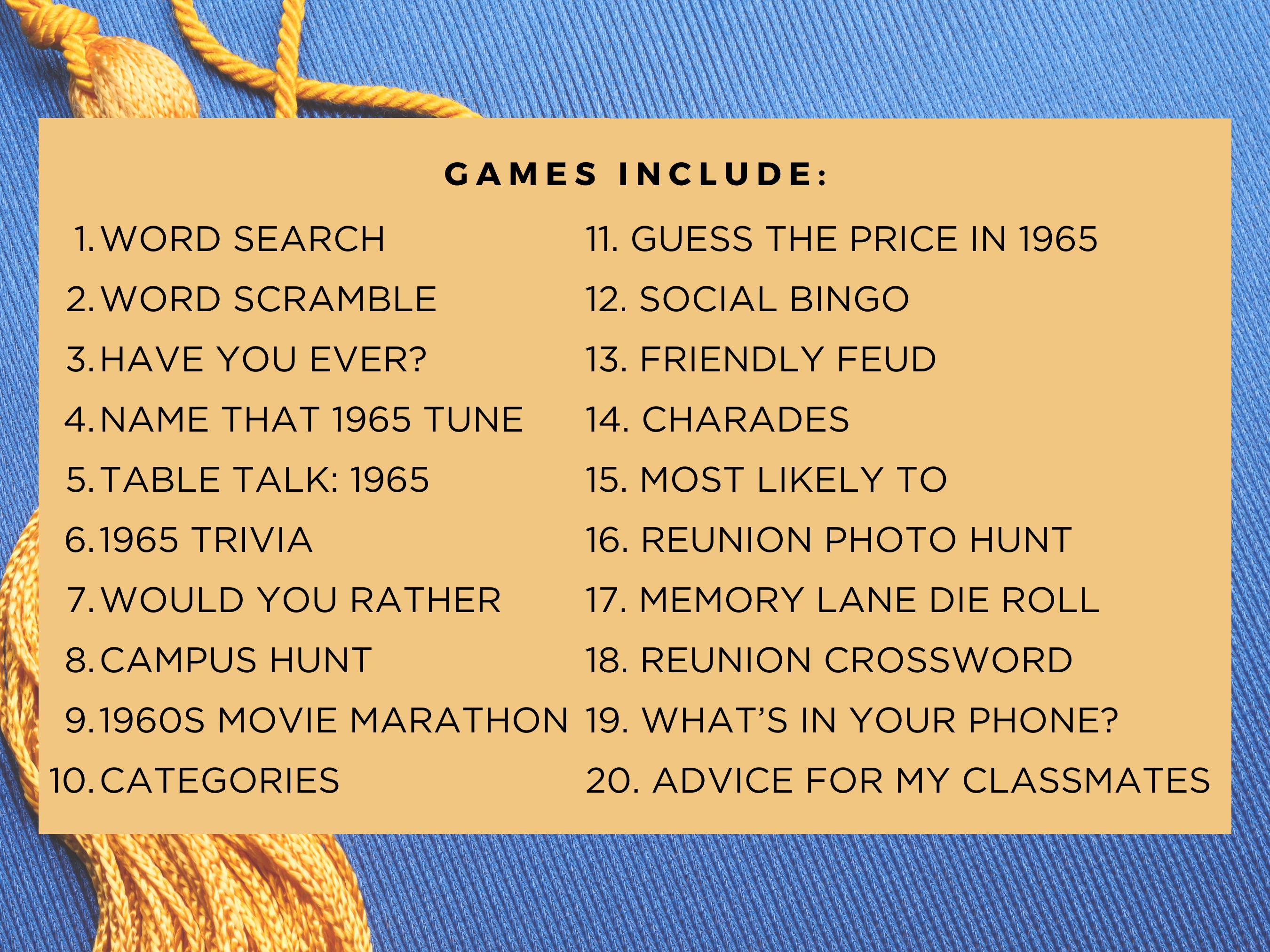 Printable Class of 1965 Class Reunion Games, 60th Class Reunion ...