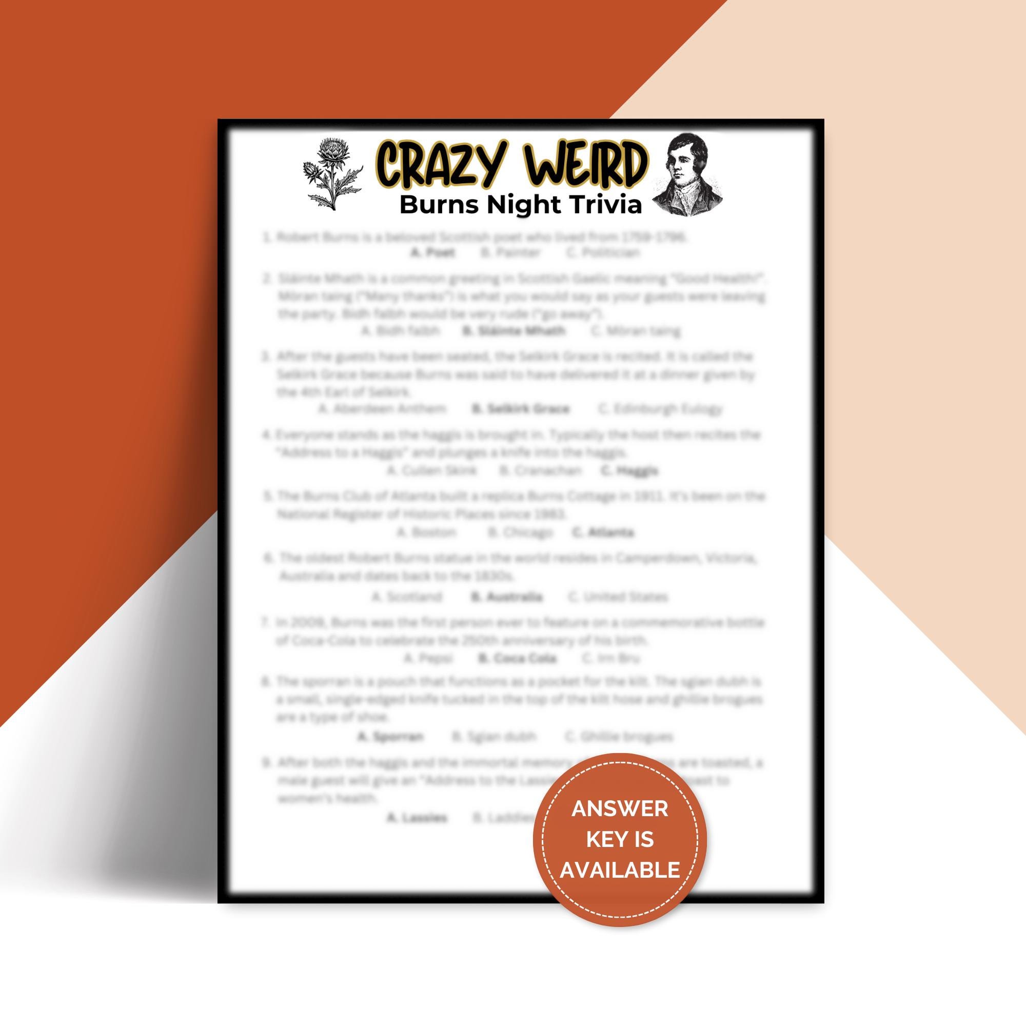Printable Crazy Weird Burns Night Trivia Game, Robert Burns, Pub Trivia ...