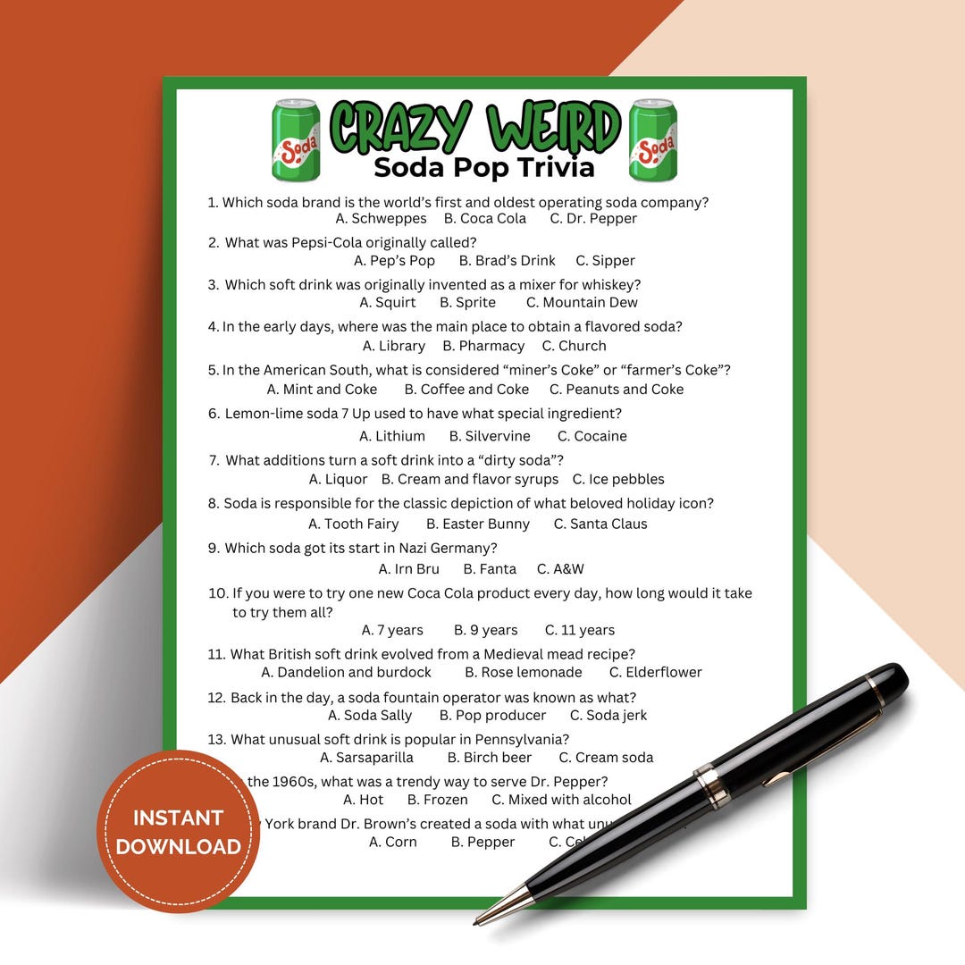 Printable Crazy Weird Soda Trivia Game, Drink Pub Trivia, Icebreaker ...