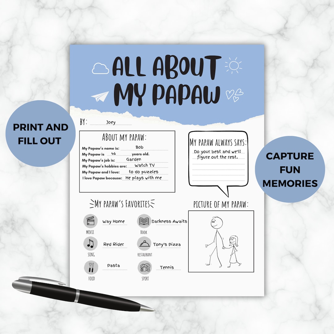 Heartwarming Printable All About My Papaw Activity Perfect Gift Idea ...